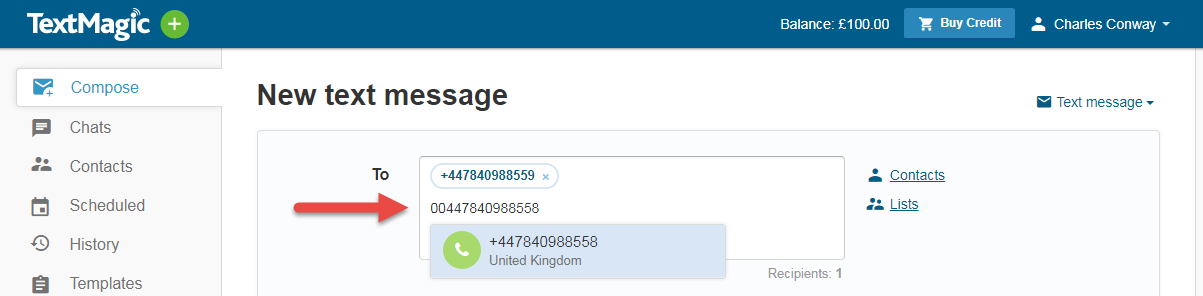 Send a single text message | Textmagic