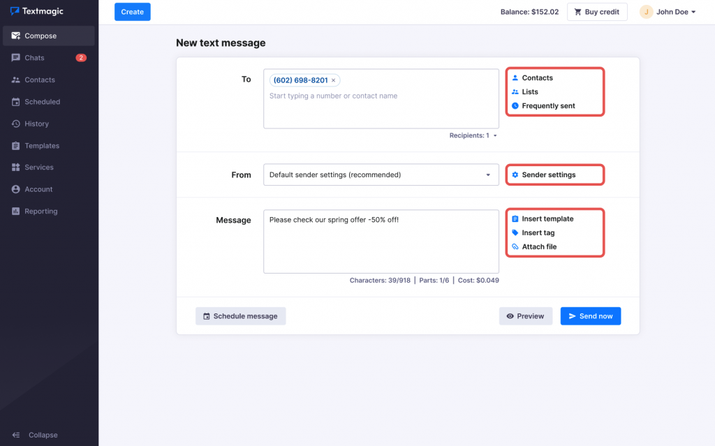 Send a single text message | Textmagic
