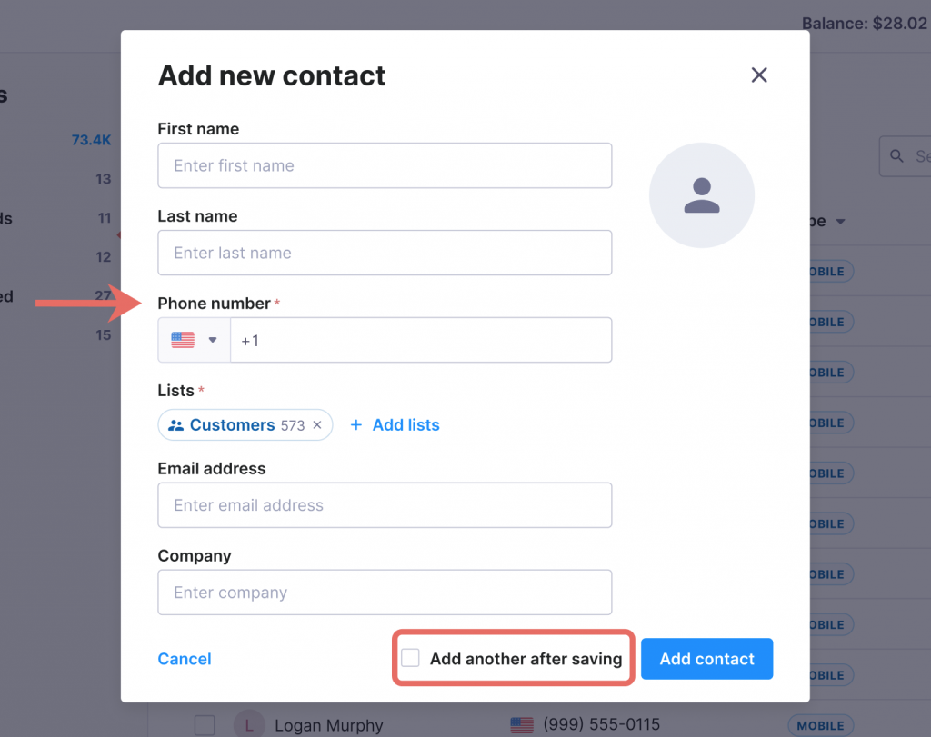 Add contacts one by one | Textmagic