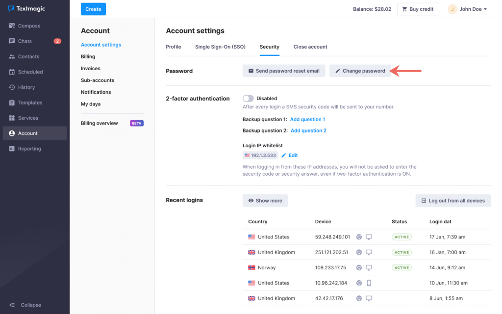 Set up two-factor authentication and security | Textmagic