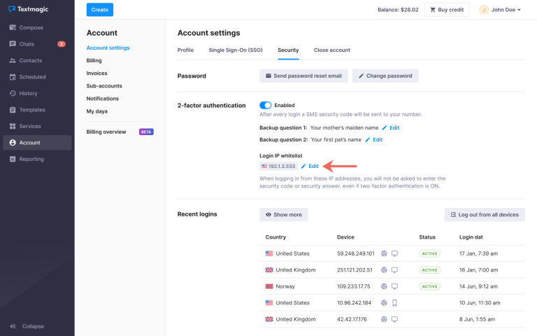 Set up two-factor authentication and security | Textmagic