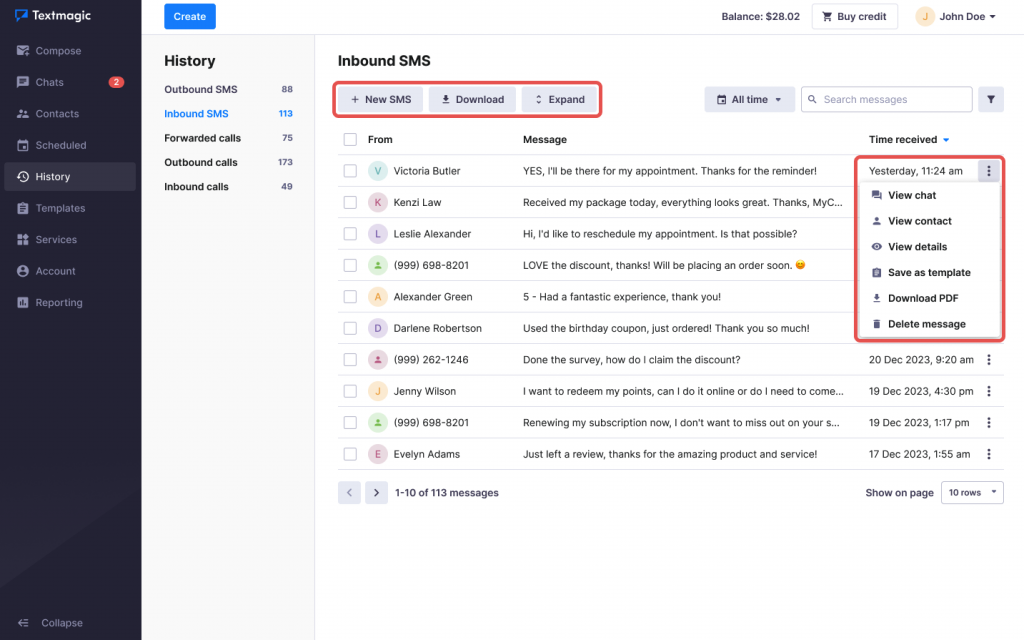 Review sent and received text message history | Textmagic