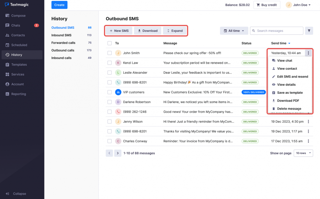 Review sent and received text message history | Textmagic