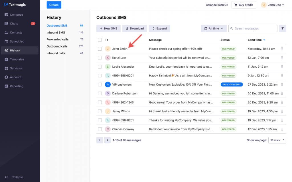 Review sent and received text message history | Textmagic