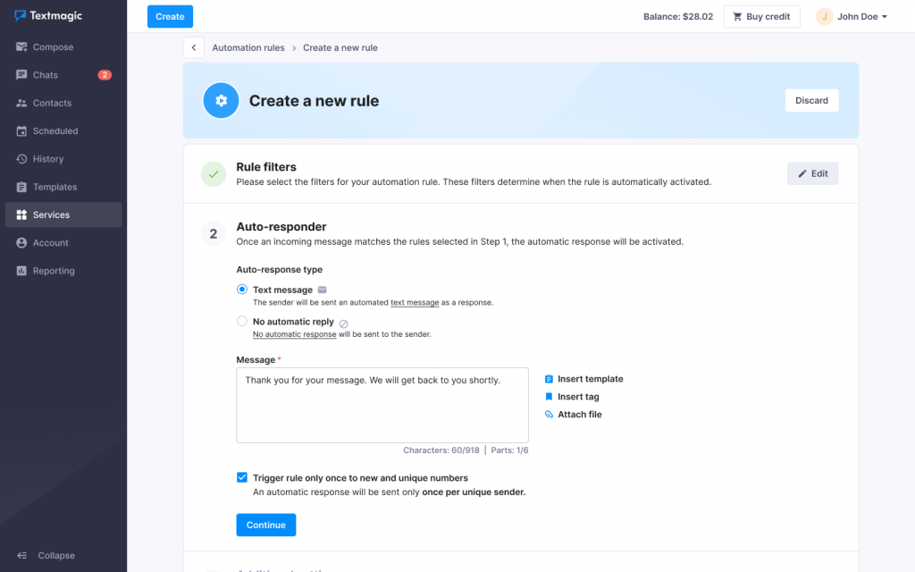 Set up text message auto-responders and rules Textmagic