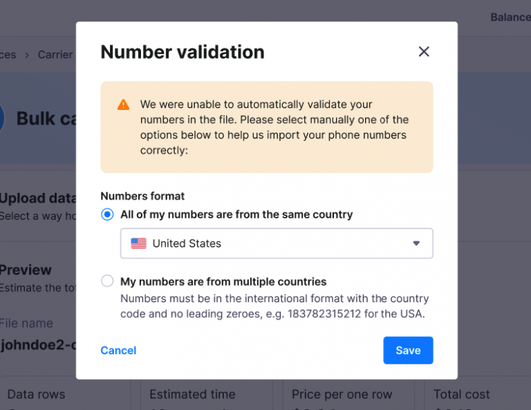 Validate numbers with Carrier Lookup service | Textmagic