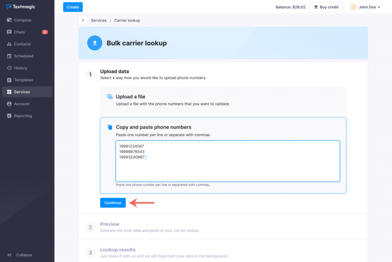 Validate numbers with Carrier Lookup service | Textmagic