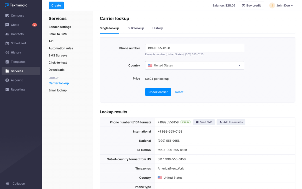 Validate numbers with Carrier Lookup service | Textmagic