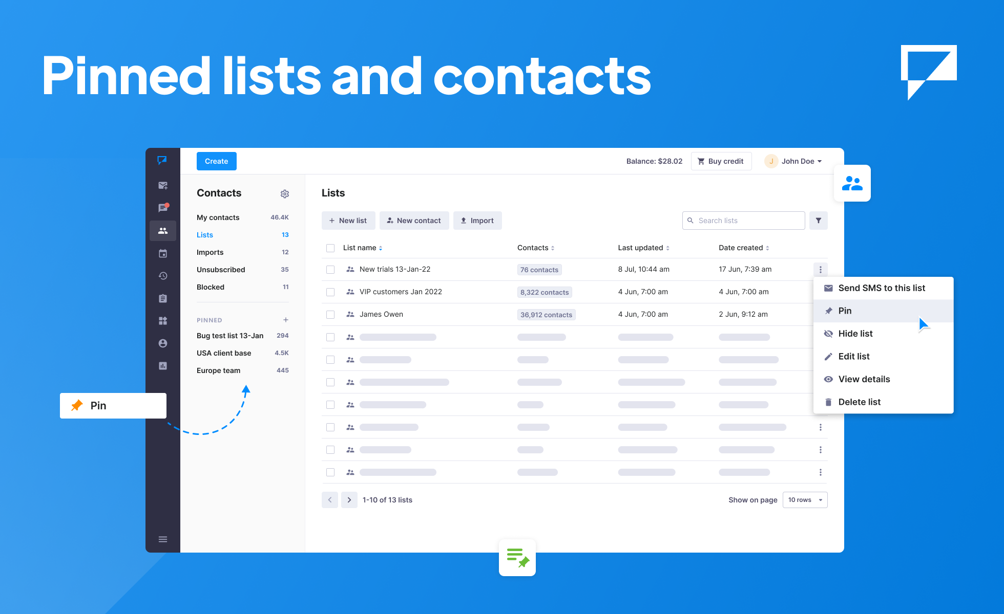 New feature: Access your most-used lists in one click | Textmagic